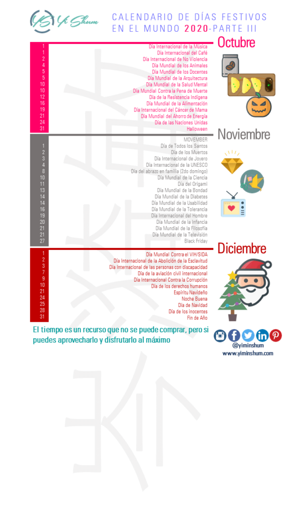 Calendario de Días Festivos en el Mundo 2020 - Yi Min Shum Xie