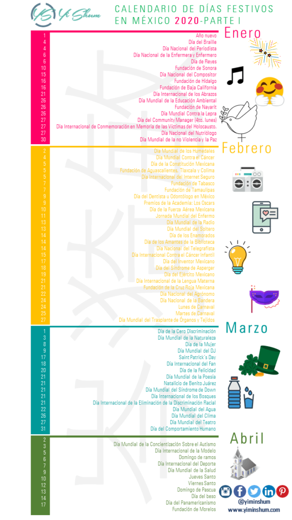 Calendario de Días Festivos en México 2020 - Yi Min Shum Xie