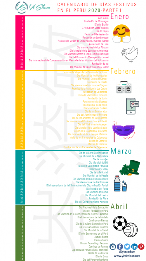 Calendario de Días Festivos en Perú 2020 - Yi Min Shum Xie