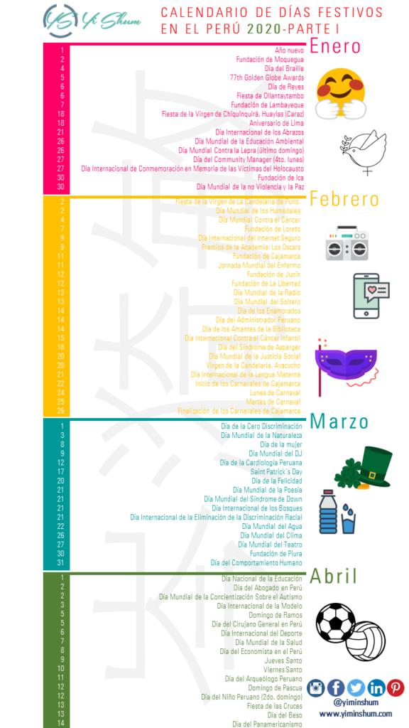 Calendario de Días Festivos en Perú 2020 - Yi Min Shum Xie