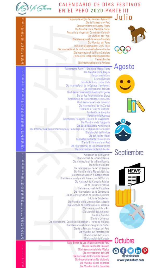 Calendario de Días Festivos en Perú 2020 - Yi Min Shum Xie
