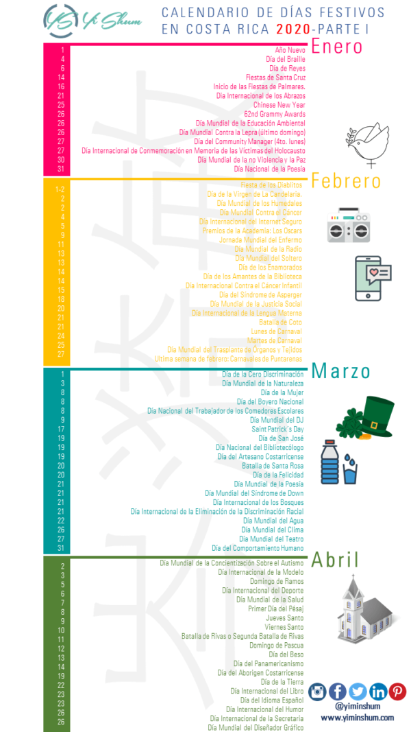 Calendario de Días Festivos en Costa Rica 2020 - Yi Min Shum Xie